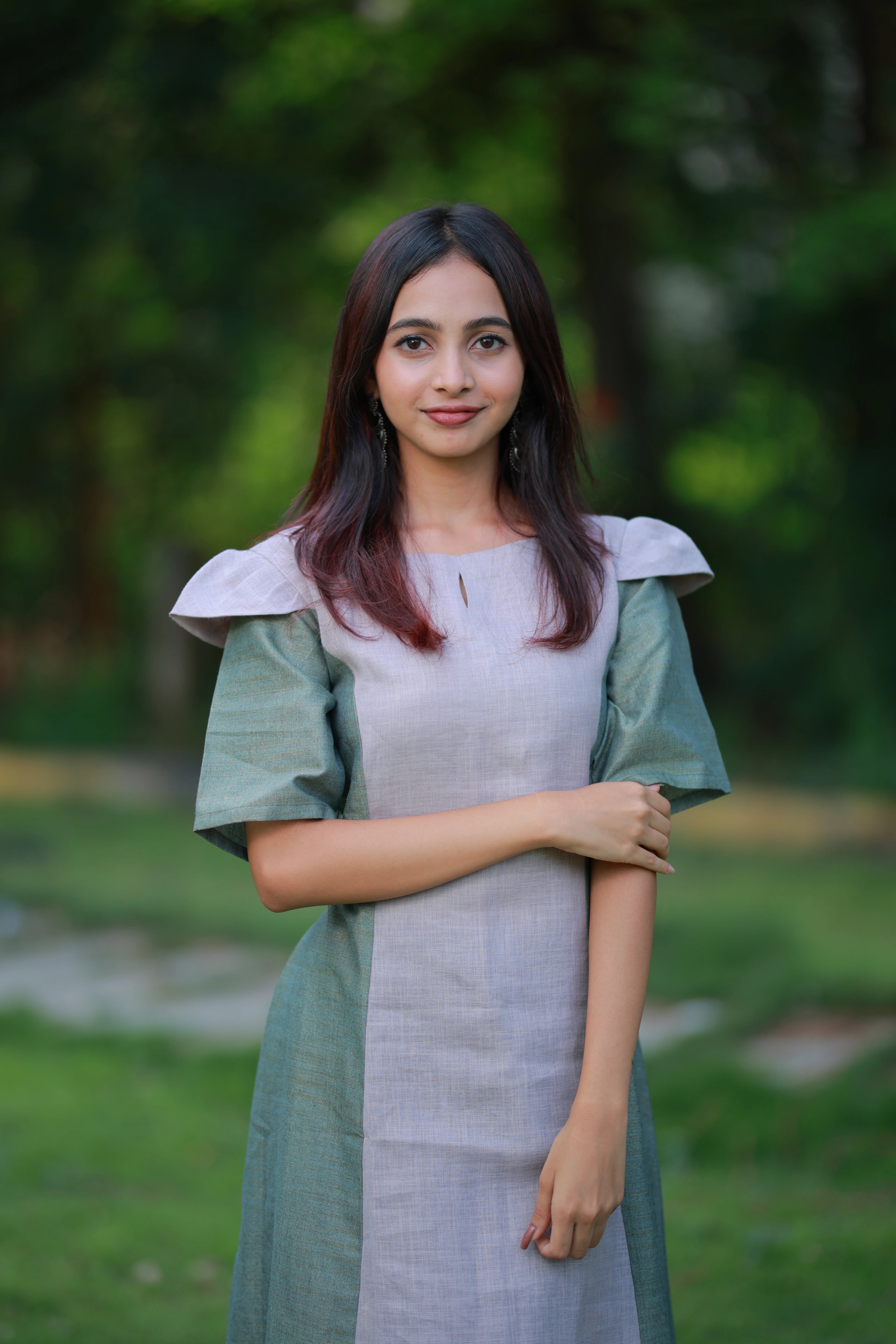 Sage Green & Grey Colorblock Flared Kurti Dress – Ziva Designer